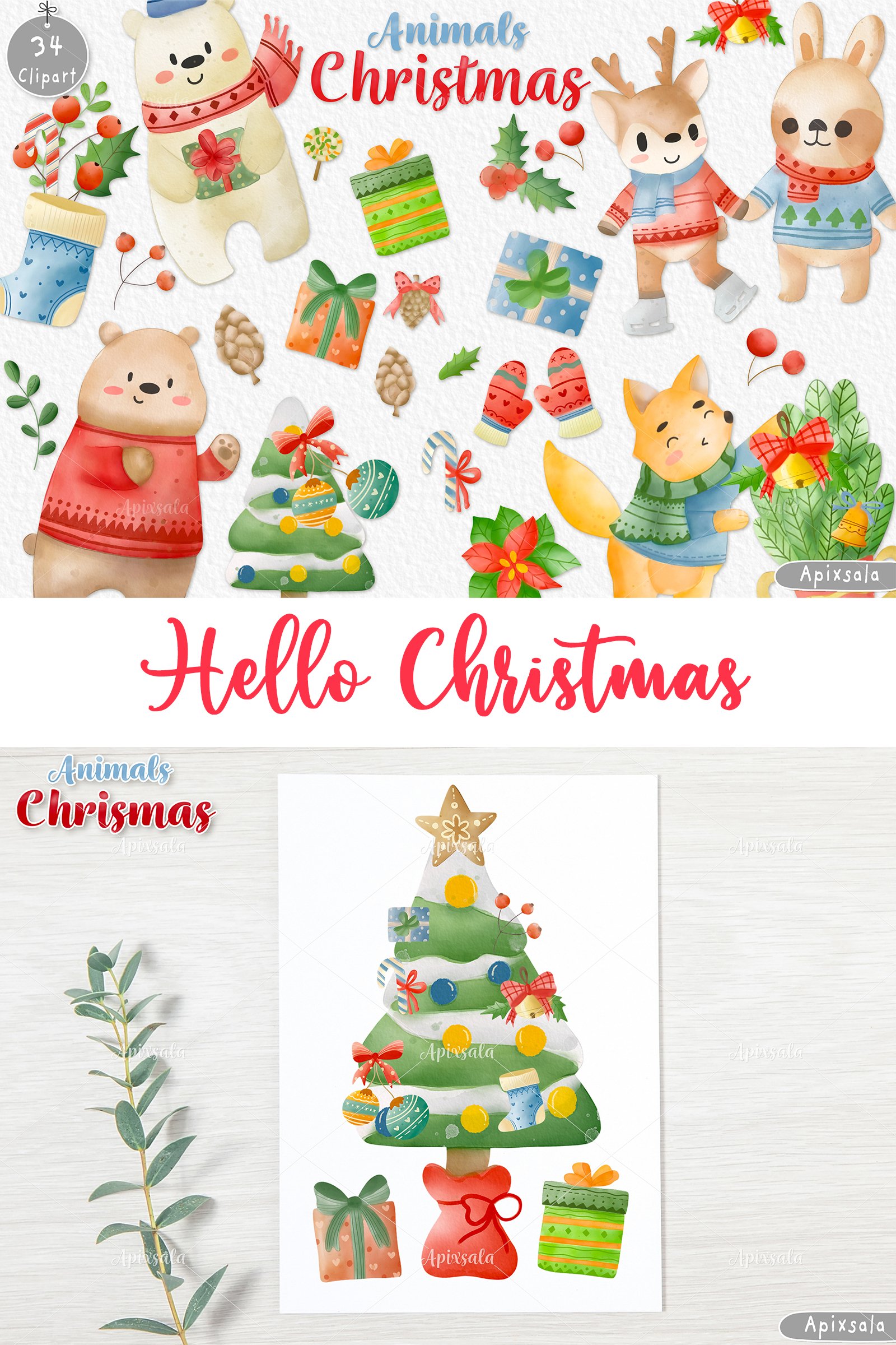 Christmas Animal Clipart | Sublimation Watercolor Collection