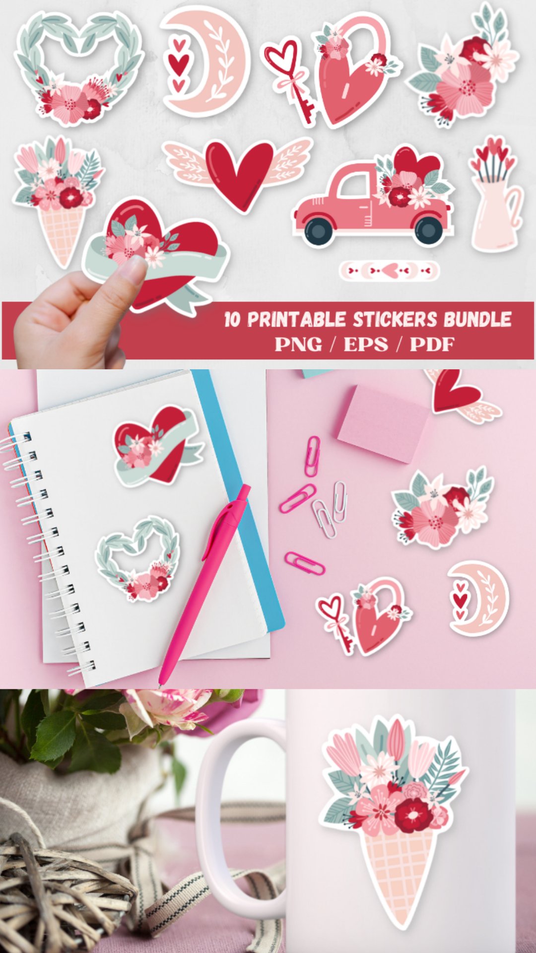 Valentine's Day Sticker Bundle, Printable Stickers love png