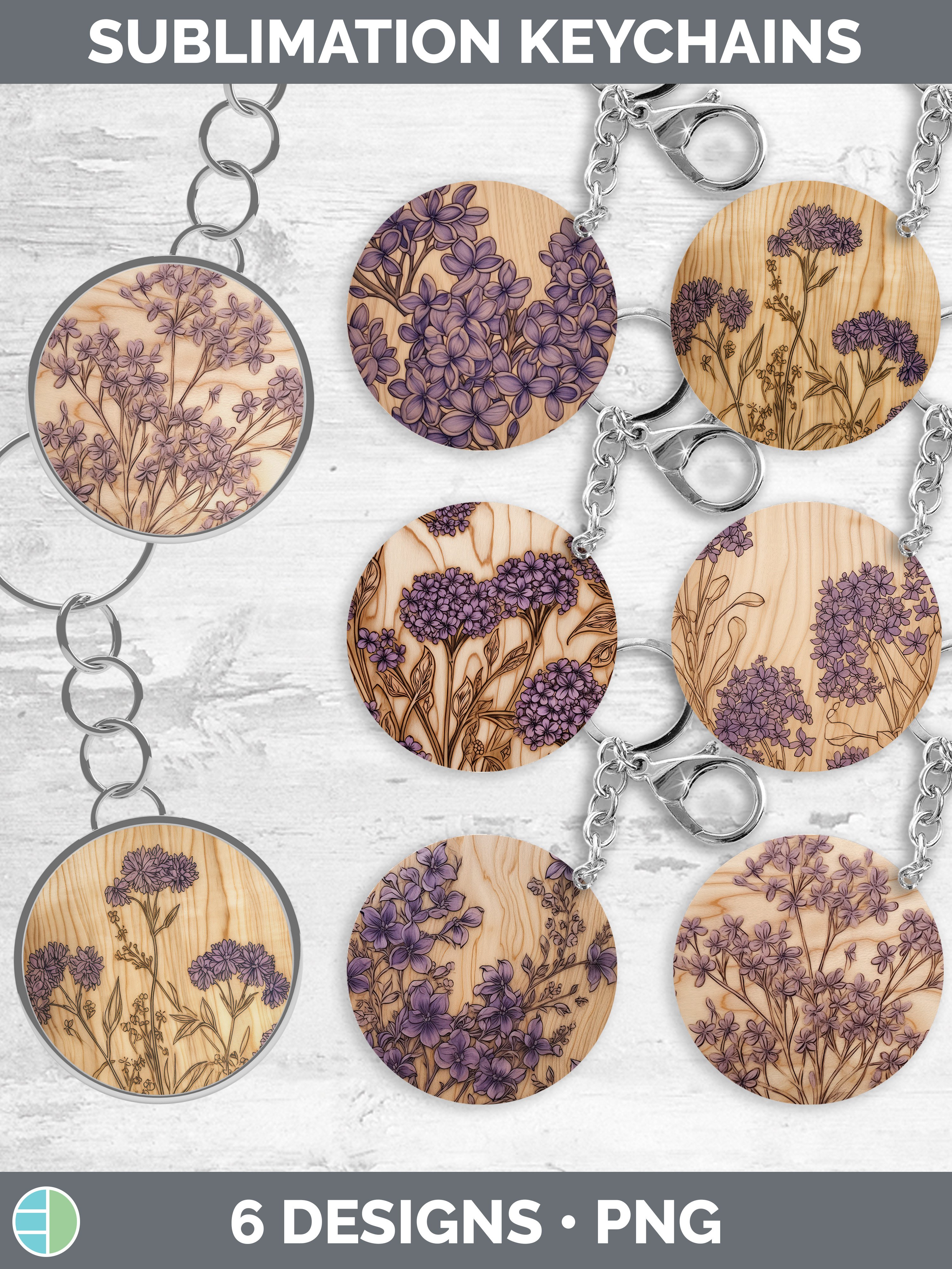 Wood Burned Lilac Flowers Keychain | Sublimation Keyring Des