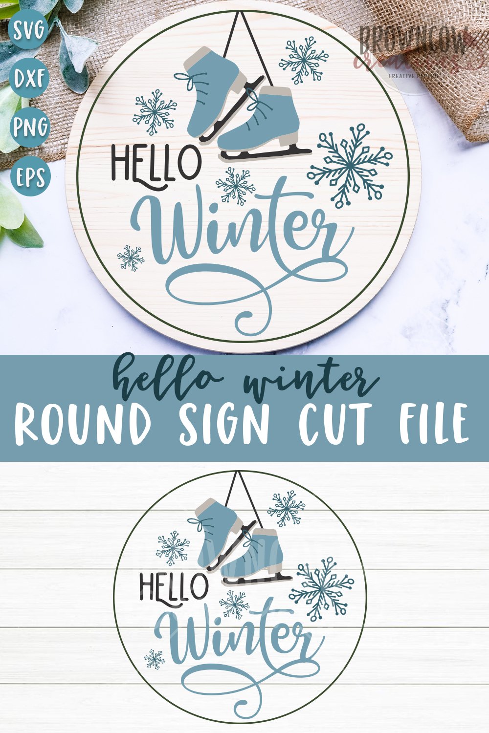 Hello Winter Ice Skates Farmhouse Round Sign Cut File