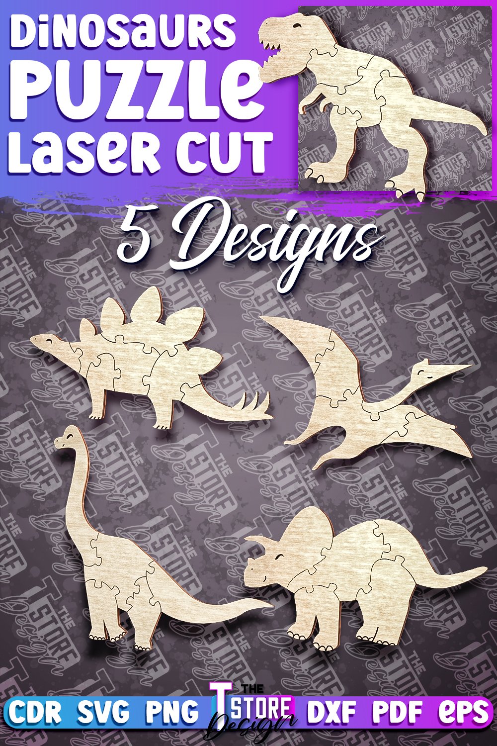Dinosaurs Puzzle Laser Cut Bundle|Wooden Dino SVG Puzzle