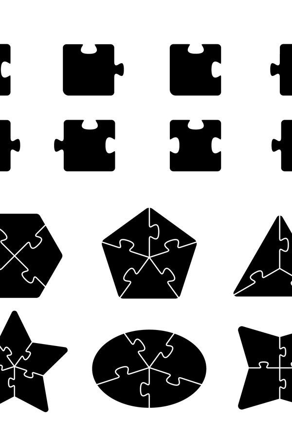 Jigsaw elements. Puzzle shapes template, black pieces for ga