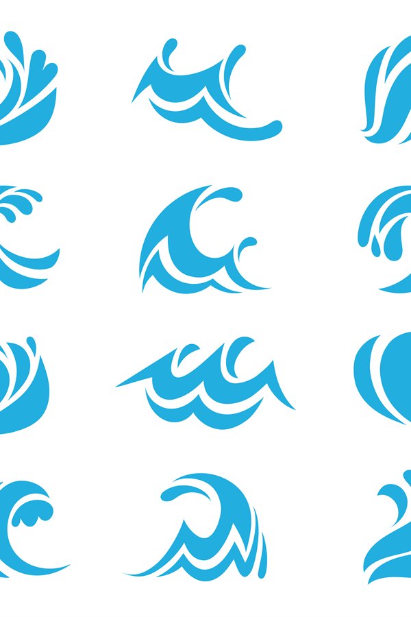 Sea wave set. Ocean storm tide waves wavy river water design