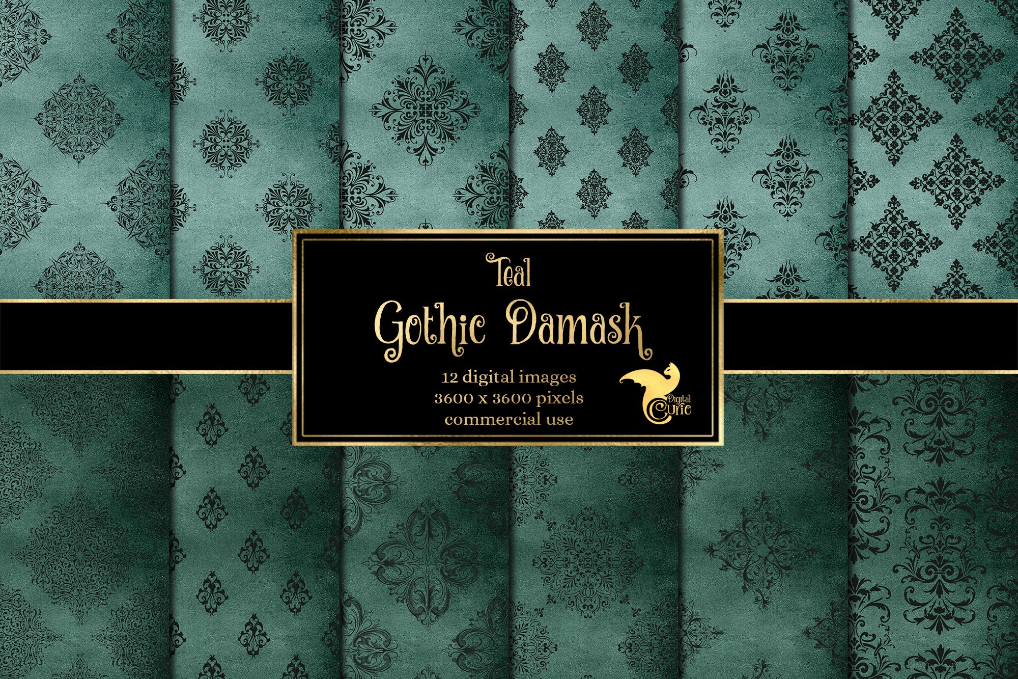 Teal Gothic Damask Digital Paper