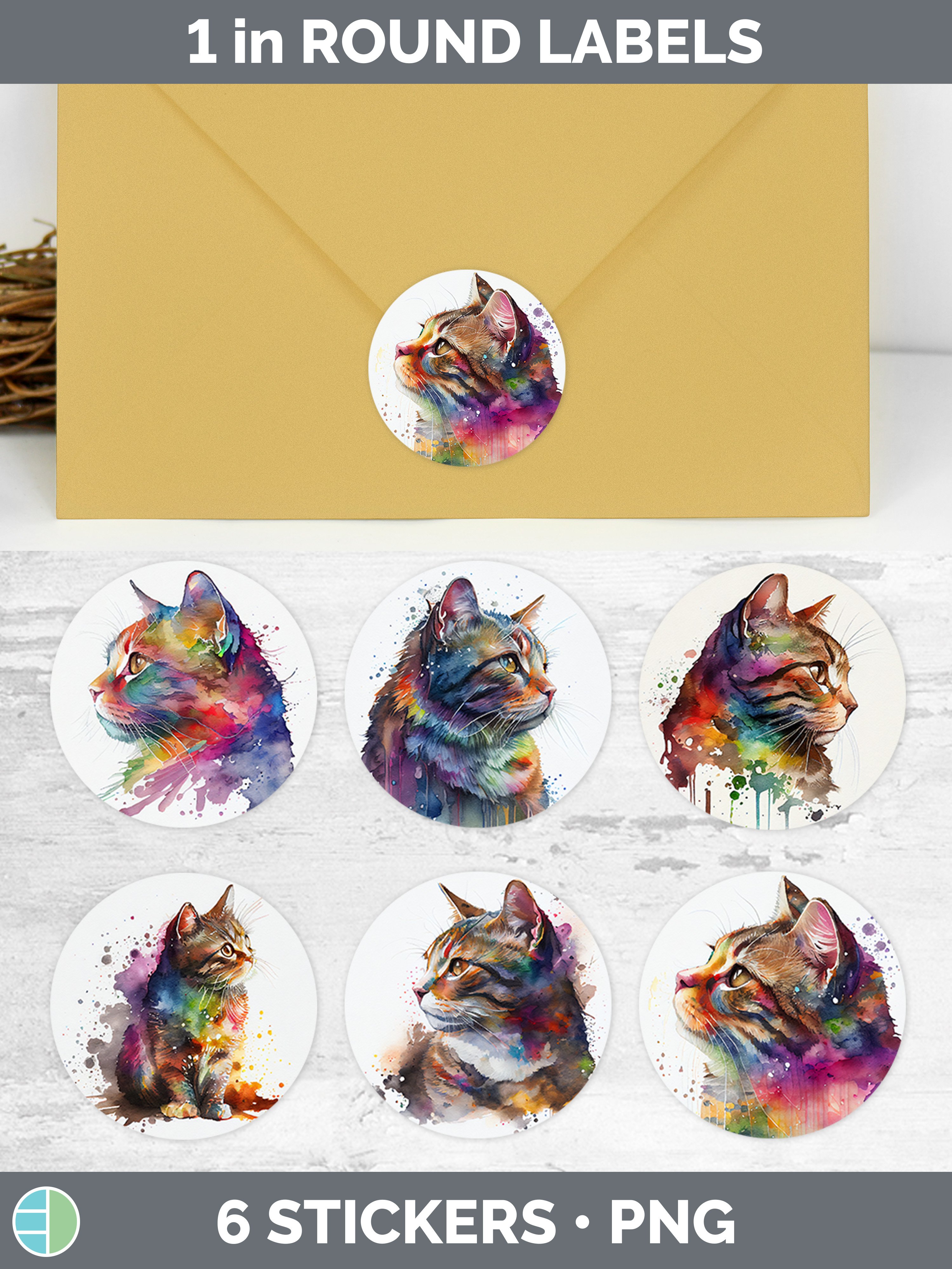 Rainbow Tabby Cat Stickers | Round Labels Designs Bundle