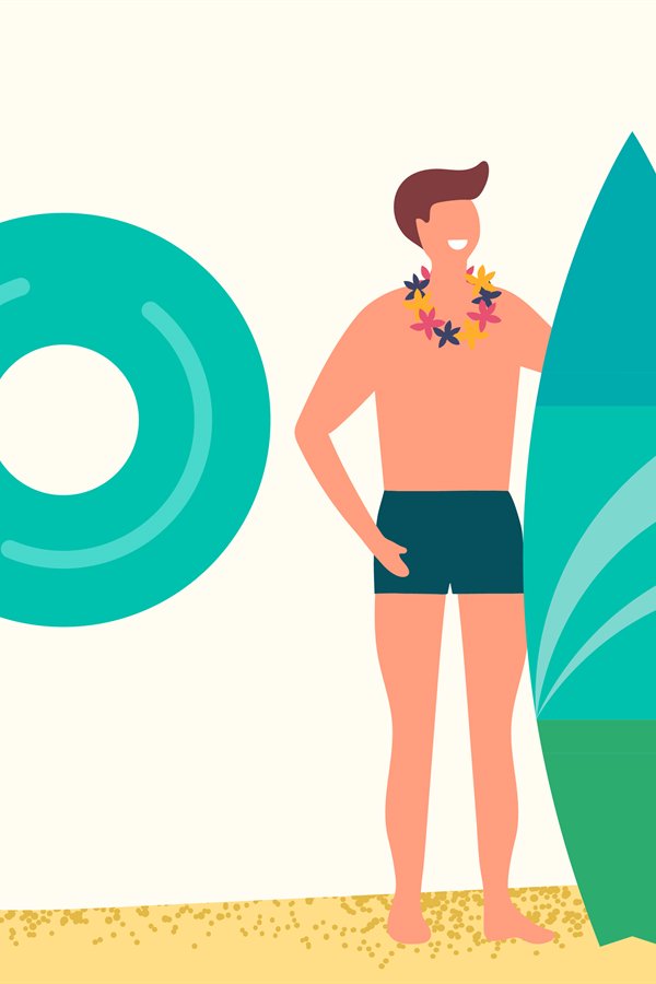 Summer beach vector characters. Happy boys and girls on sand