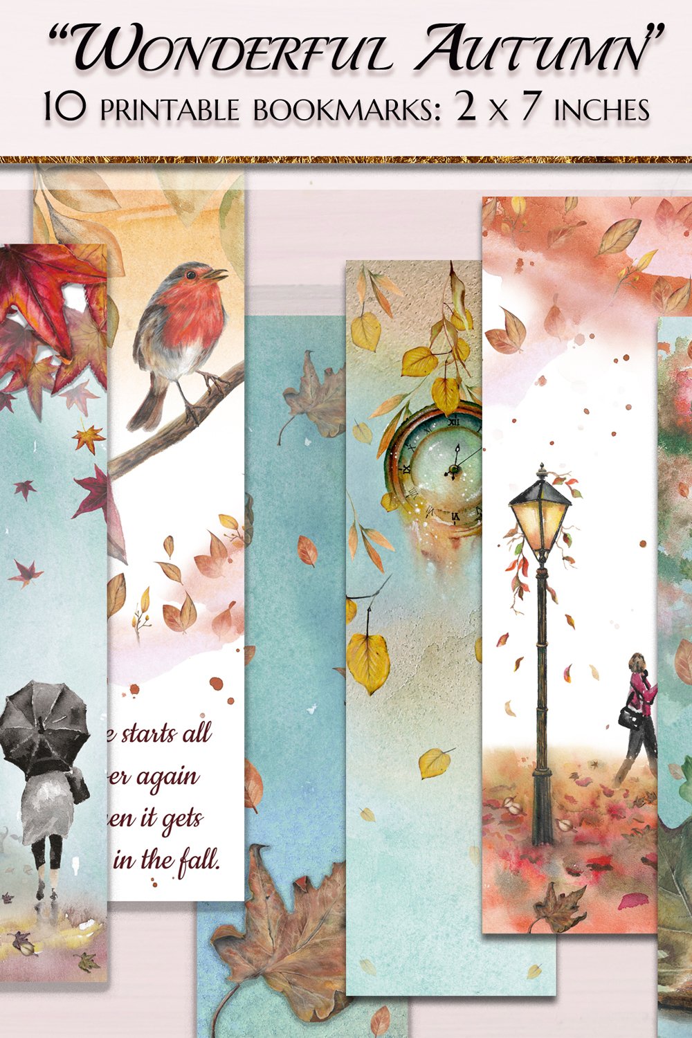 10 Autumn Inspired Digital Bookmarks with Watercolor Art