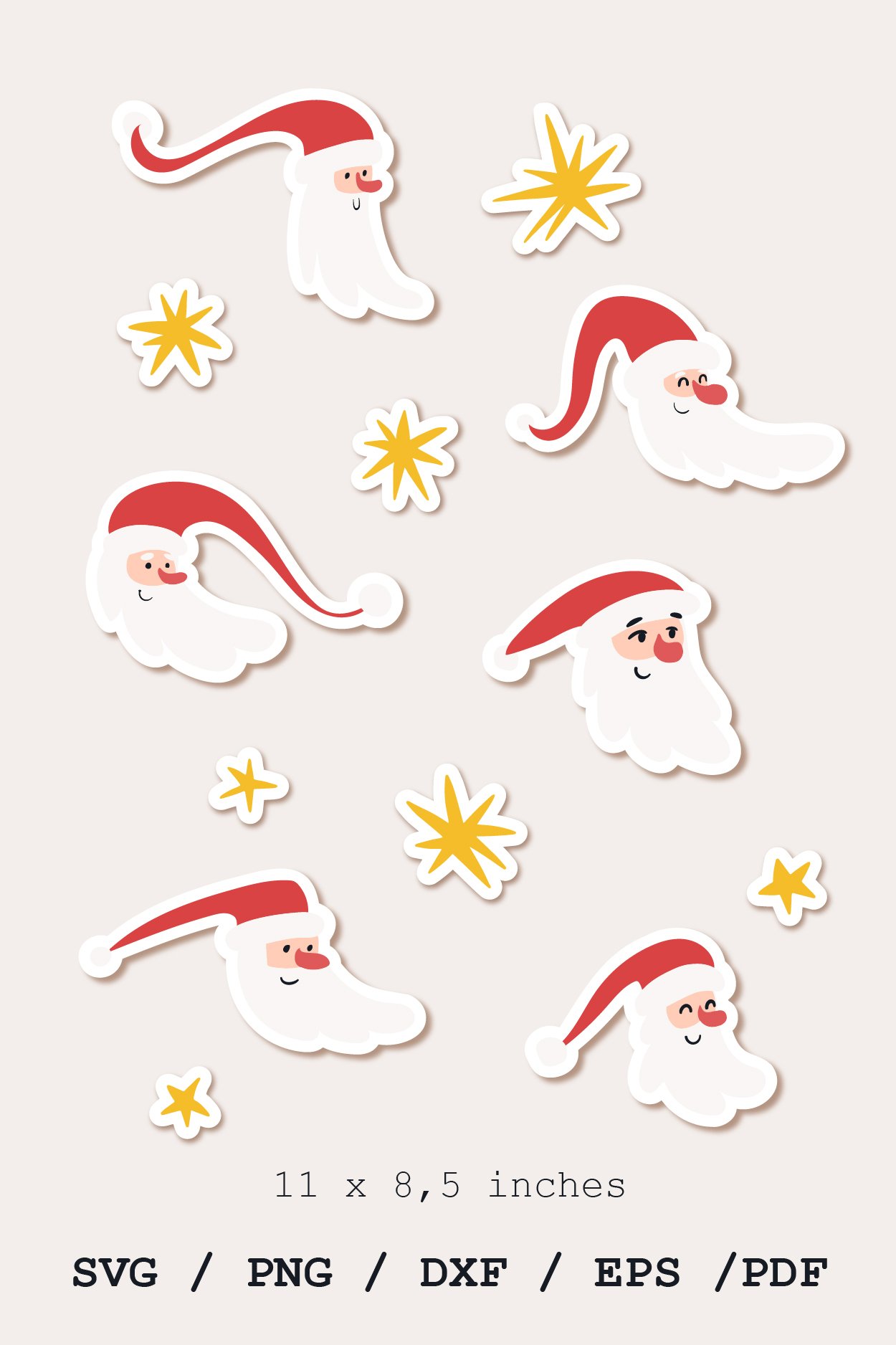 Stickers. Cute Santa Face with Stars. Cartoon Santa Head SVG
