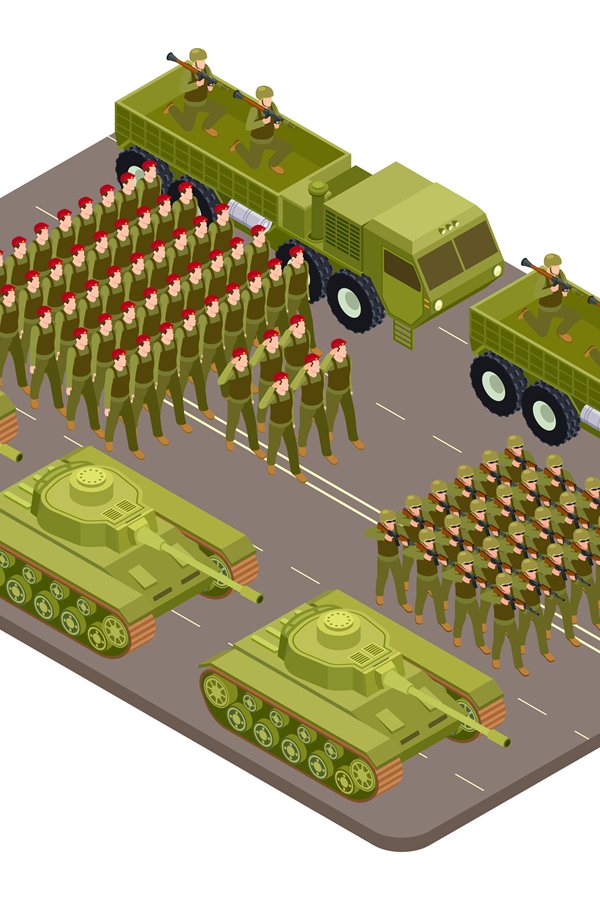 Military parade vector isometric with soldiers and military