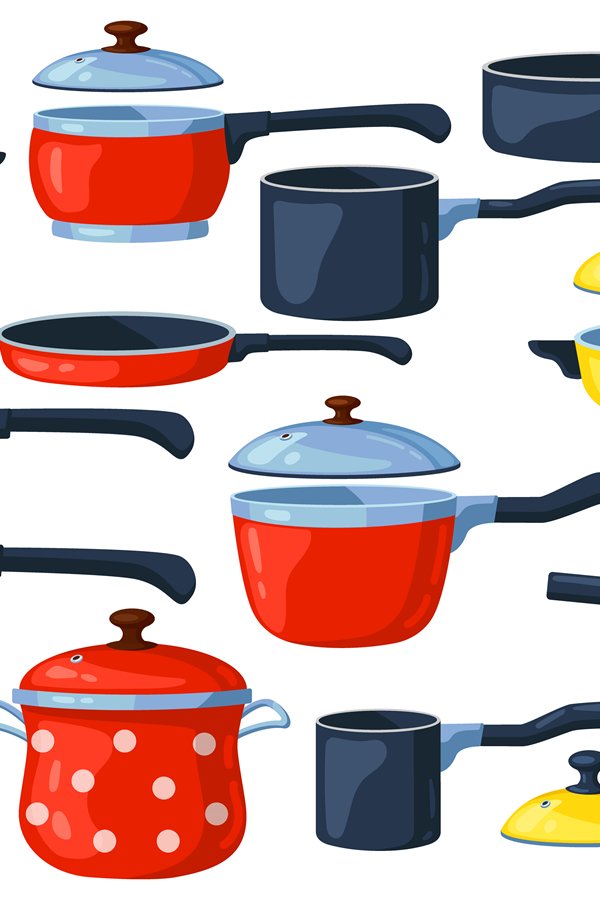 Cartoon frying pan. Cooking pots, metal saucepan and cassero