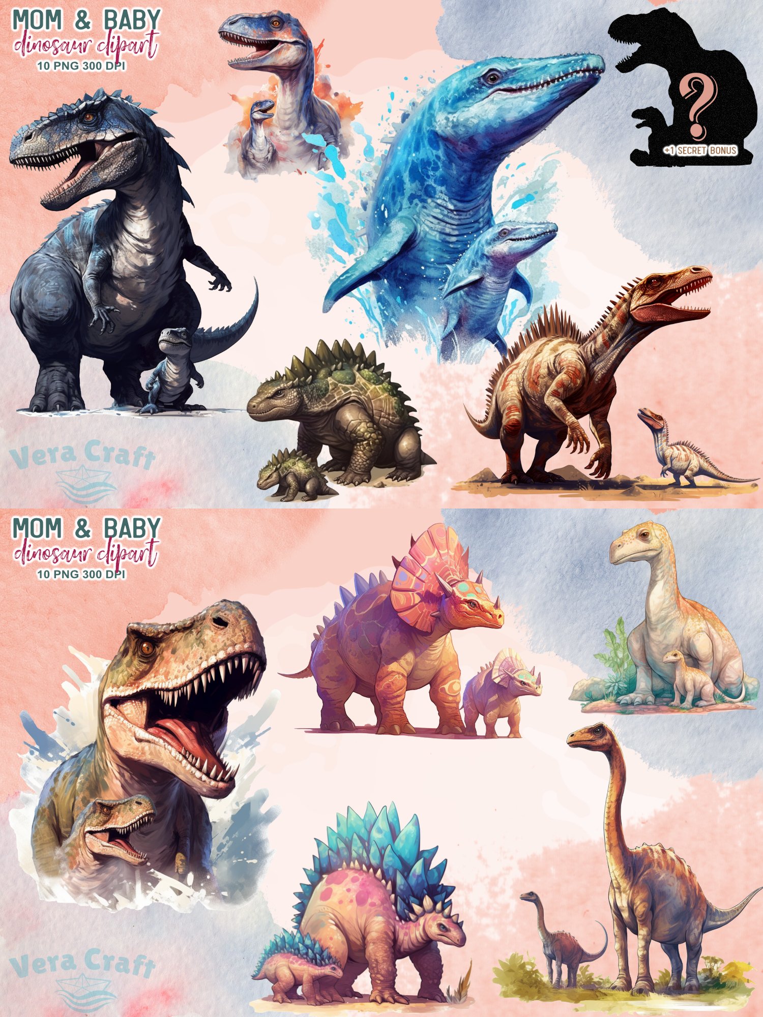 Mom & Baby Dinosaurs Clipart - 10 Variations