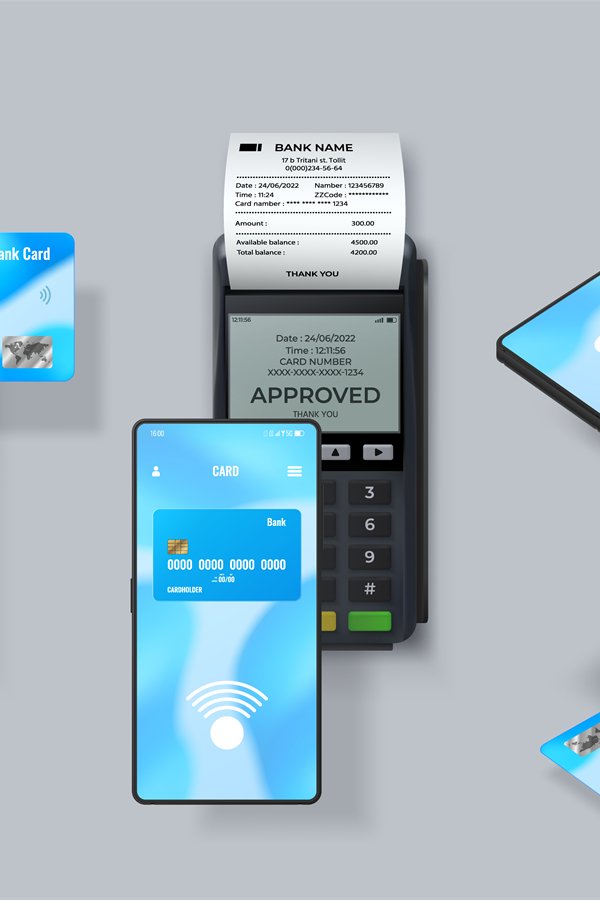 Realistic cashless payment with pos terminal, credit card an