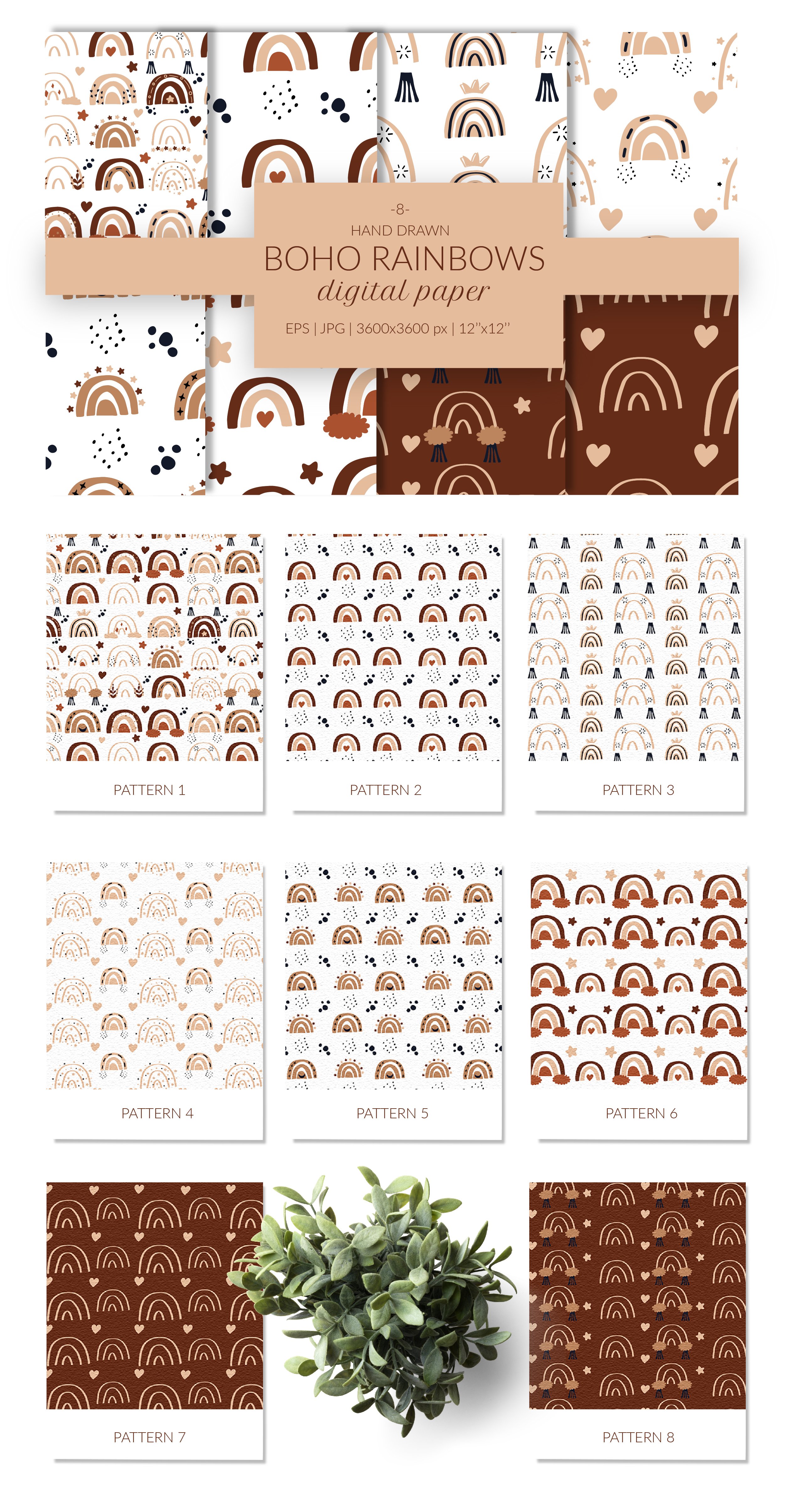 Boho Rainbows seamless pattern, boho rainbow digital paper