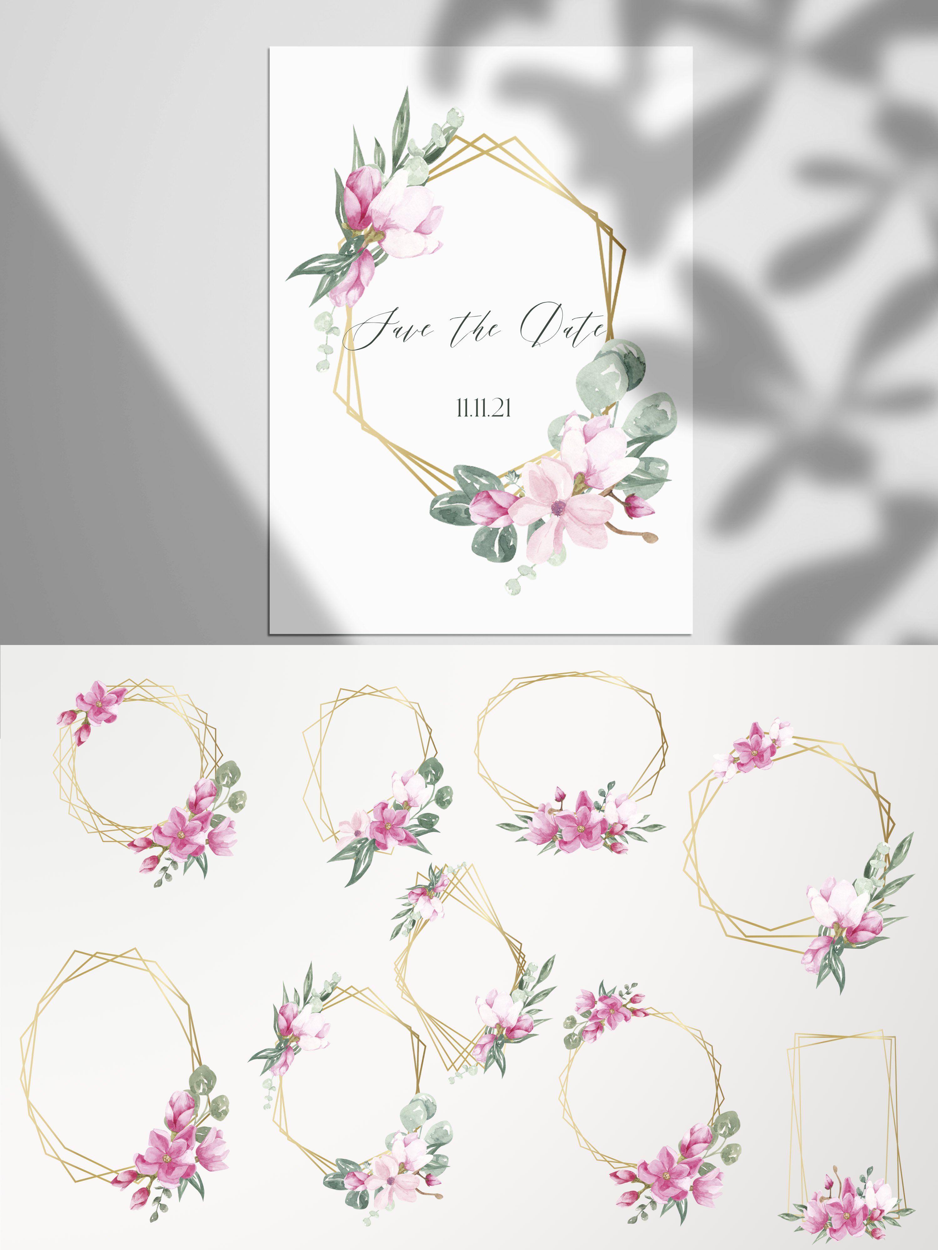 Magnolia frame clipart, watercolor pink floral frame