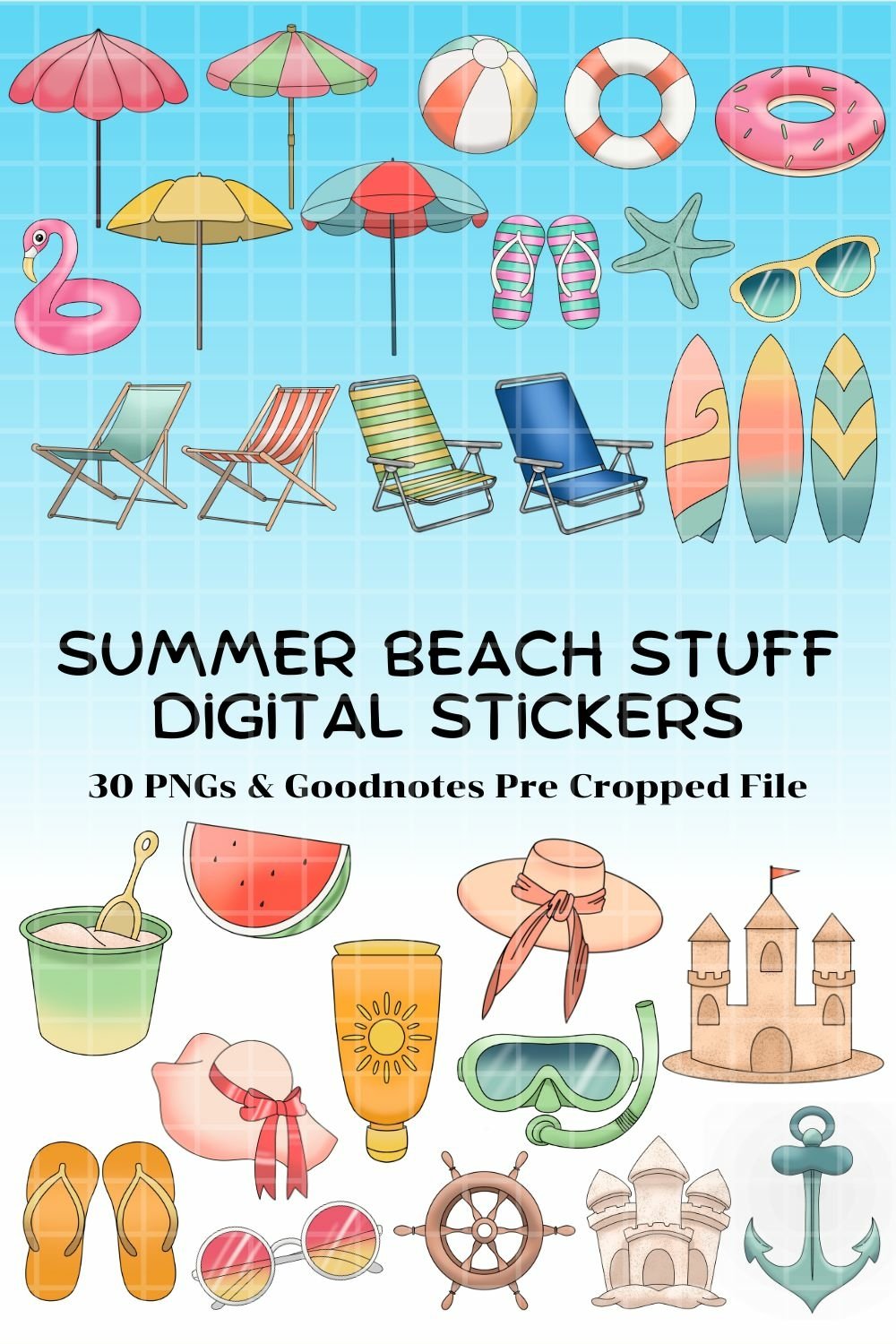 30 Summer Beach Stuff Digital Stickers - Pre Cropped & PNG