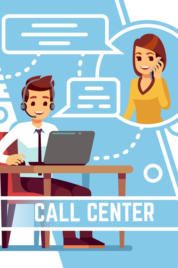 Operator man talking with happy smiling client on phone. Sup