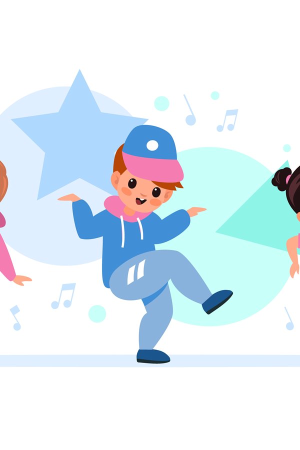Children dancing. Happy kids move to melody together, little