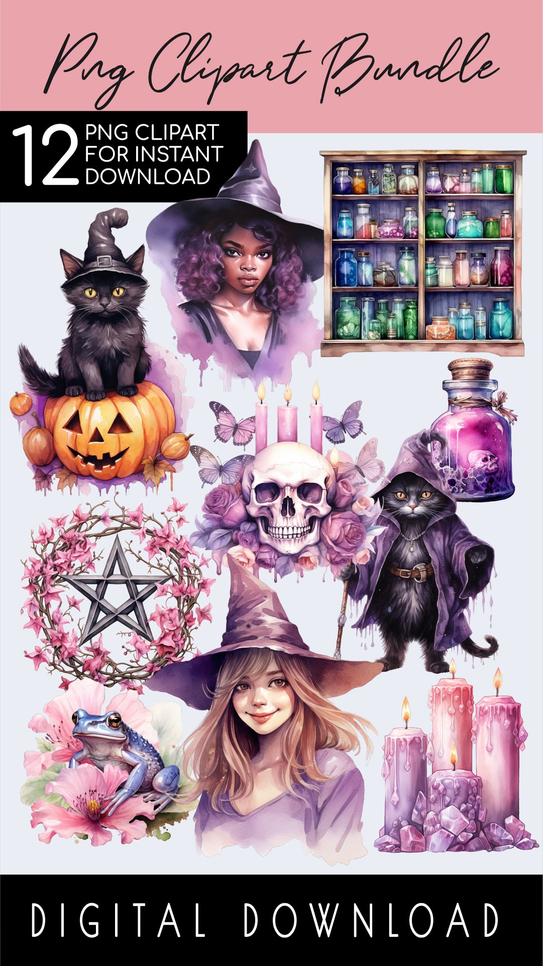 Witch Clipart Bundle, Watercolor Halloween Siblimation