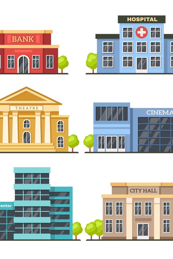 Flat city buildings. Contemporary office center, hospital fa