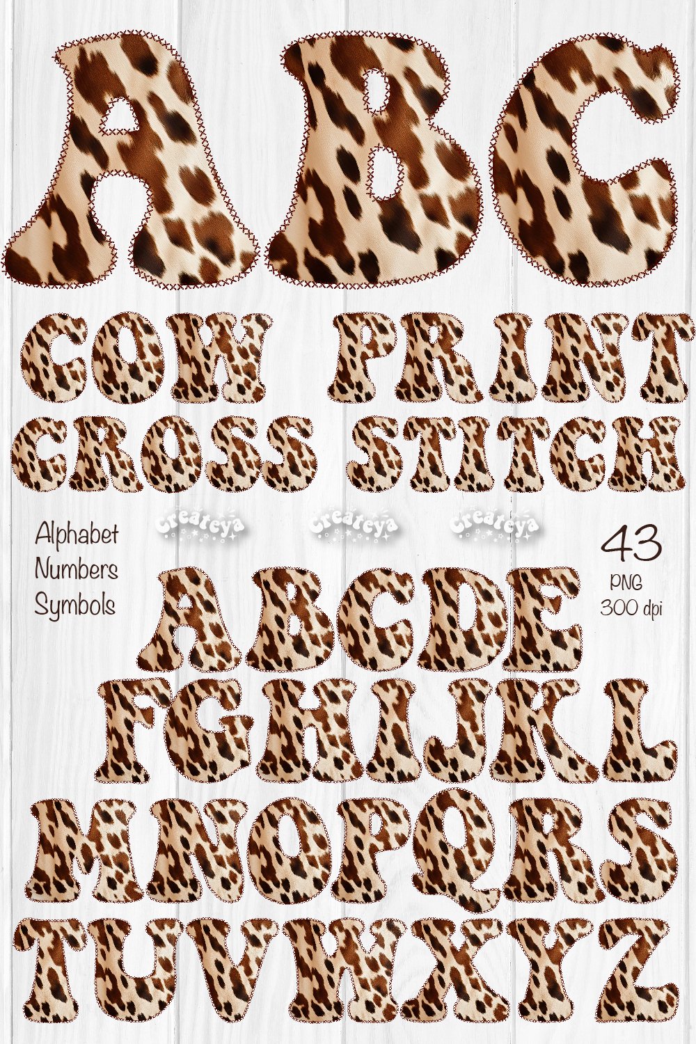 Cow Alphabet PNG Cross Stitches Letters Numbers Animal Print