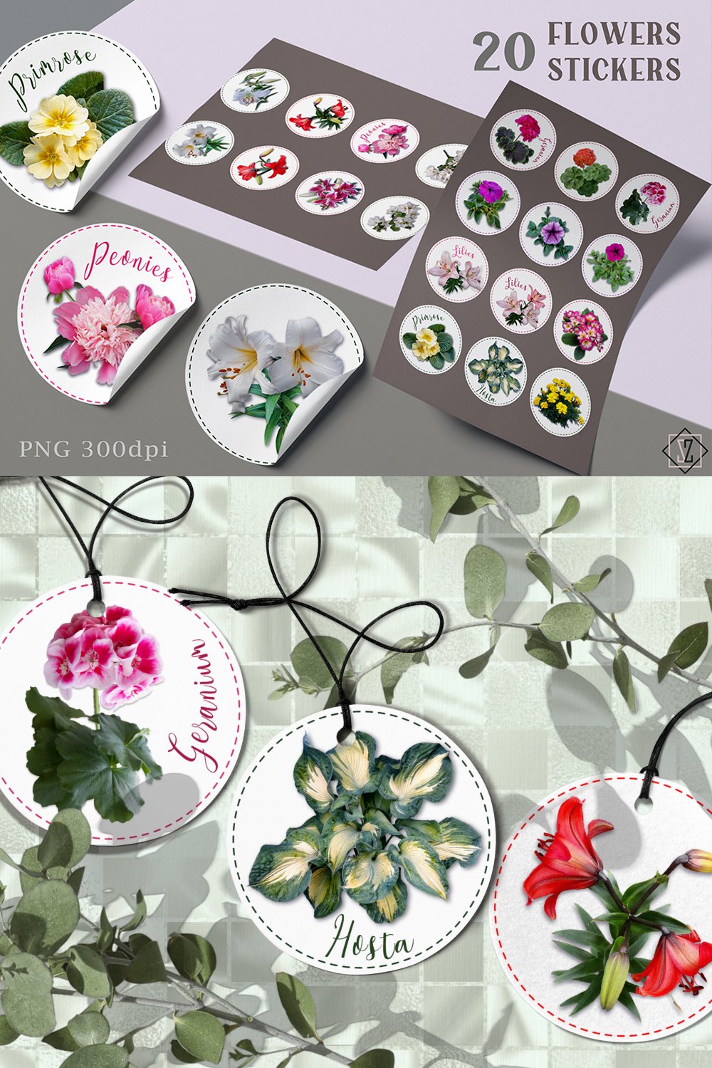 Set of round stickers with flowers.