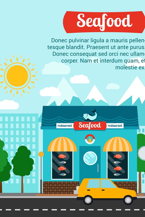 Seafood advertising banner with shop building
