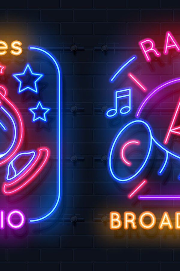 Radio neon sign. Music glowing icons, on air night (1140738)