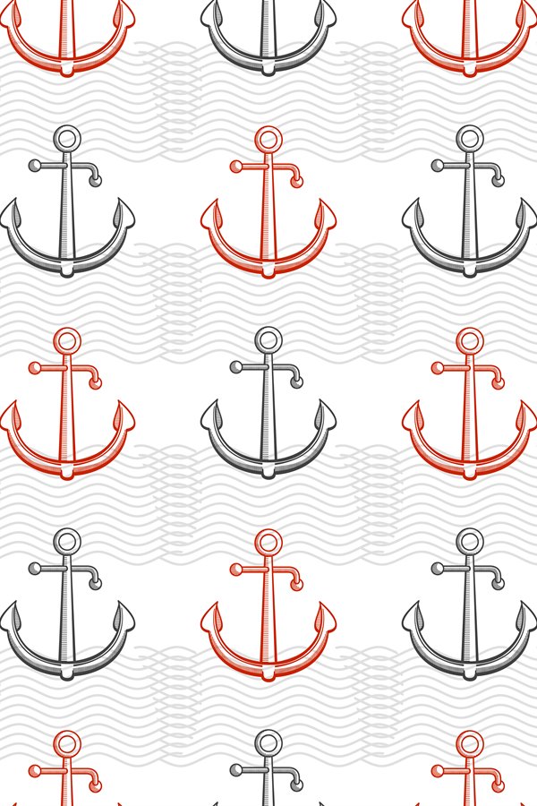 Marine pattern design with anchors and abstract waves