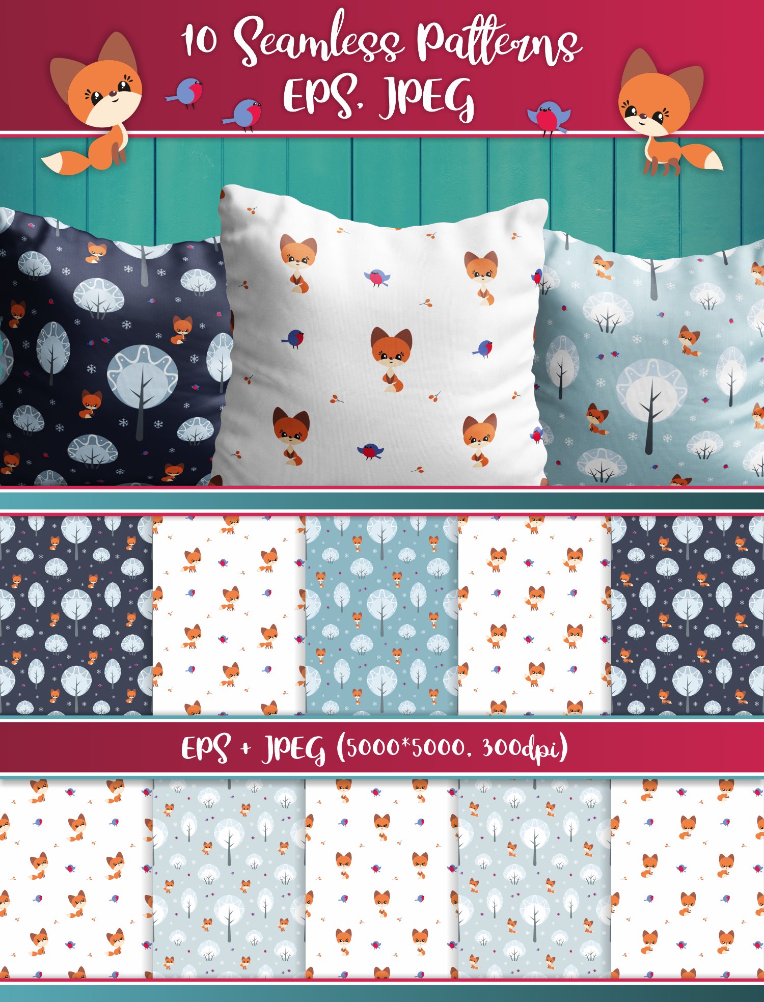 Cute fox. Seamless patterns