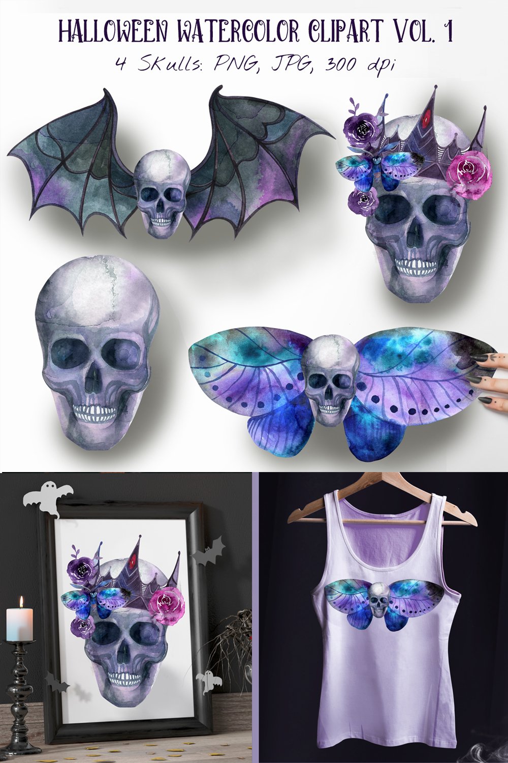 Skull. Halloween watercolor clipart. PNG. JPG