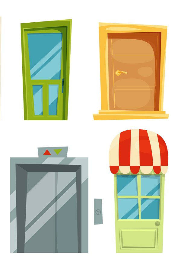 Decorative doorway and different retro doors in cartoon styl