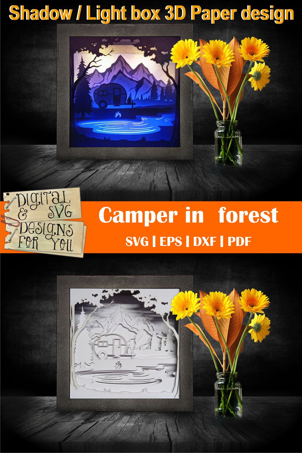 Camper in forest - 3D Light box | 3d Shadow box | Camp svg