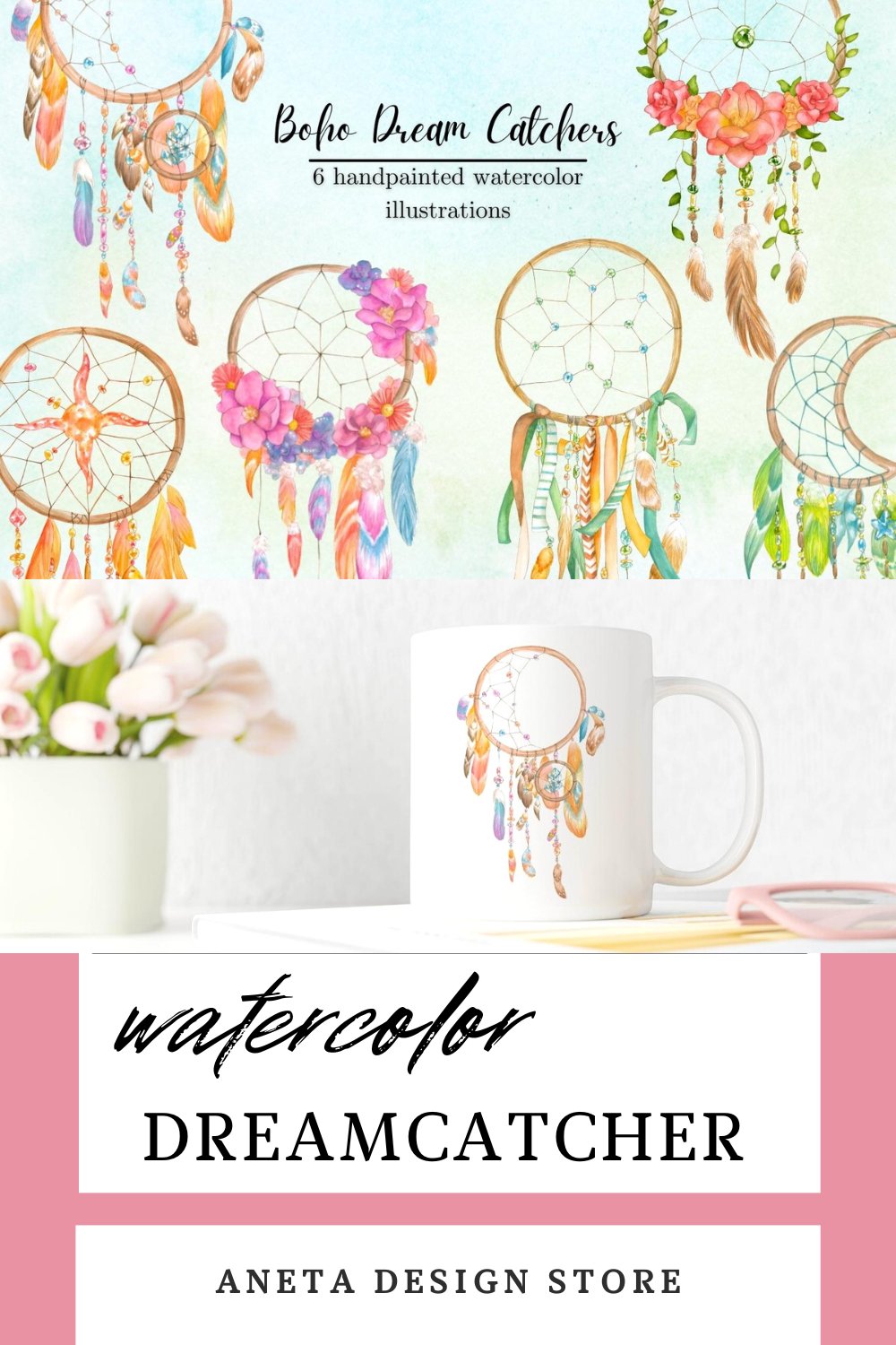 Watercolor Dream Catchers, Floral Dreamcatcher, Tribal