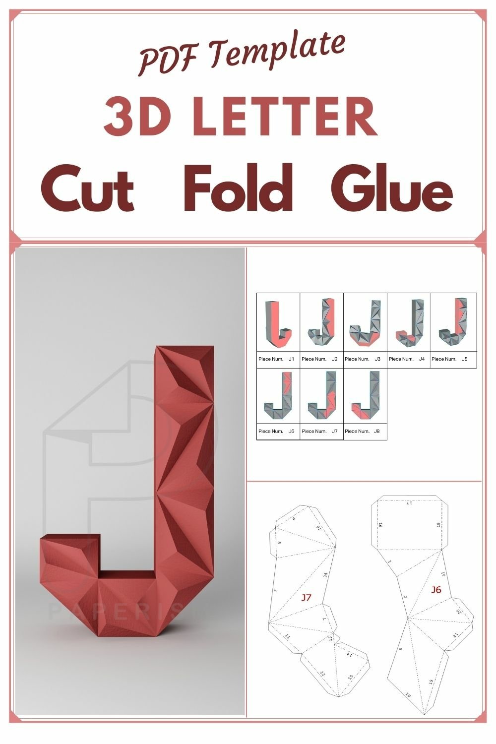 J Letter Papercraft, 3d Alphabet, DIY pdf template, low poly