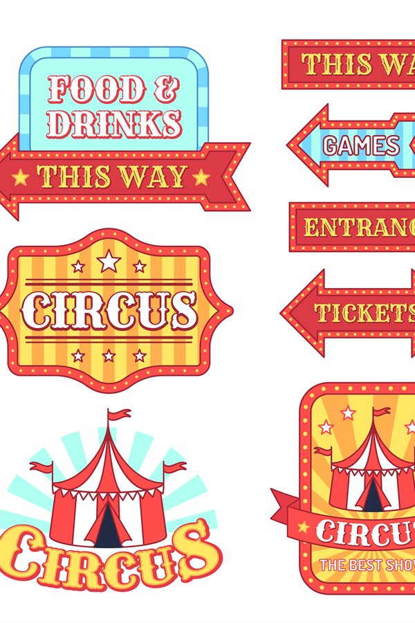 Circus labels. Carnival and circus show invitation badges, e