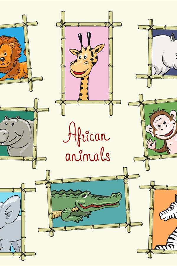 African animals in a wooden frames