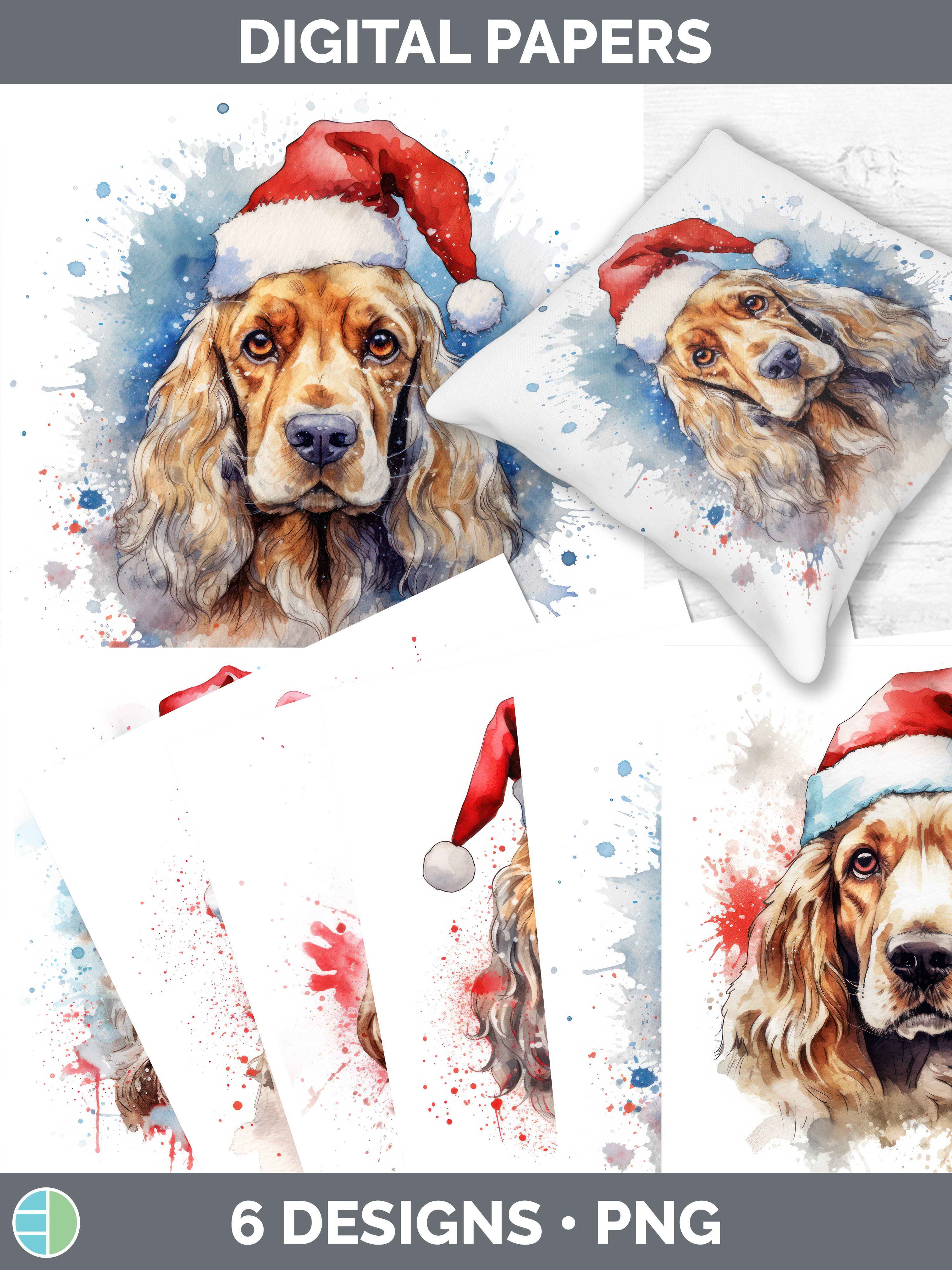 Christmas Santa Hat Spaniel Dog Paper Backgrounds | Digital