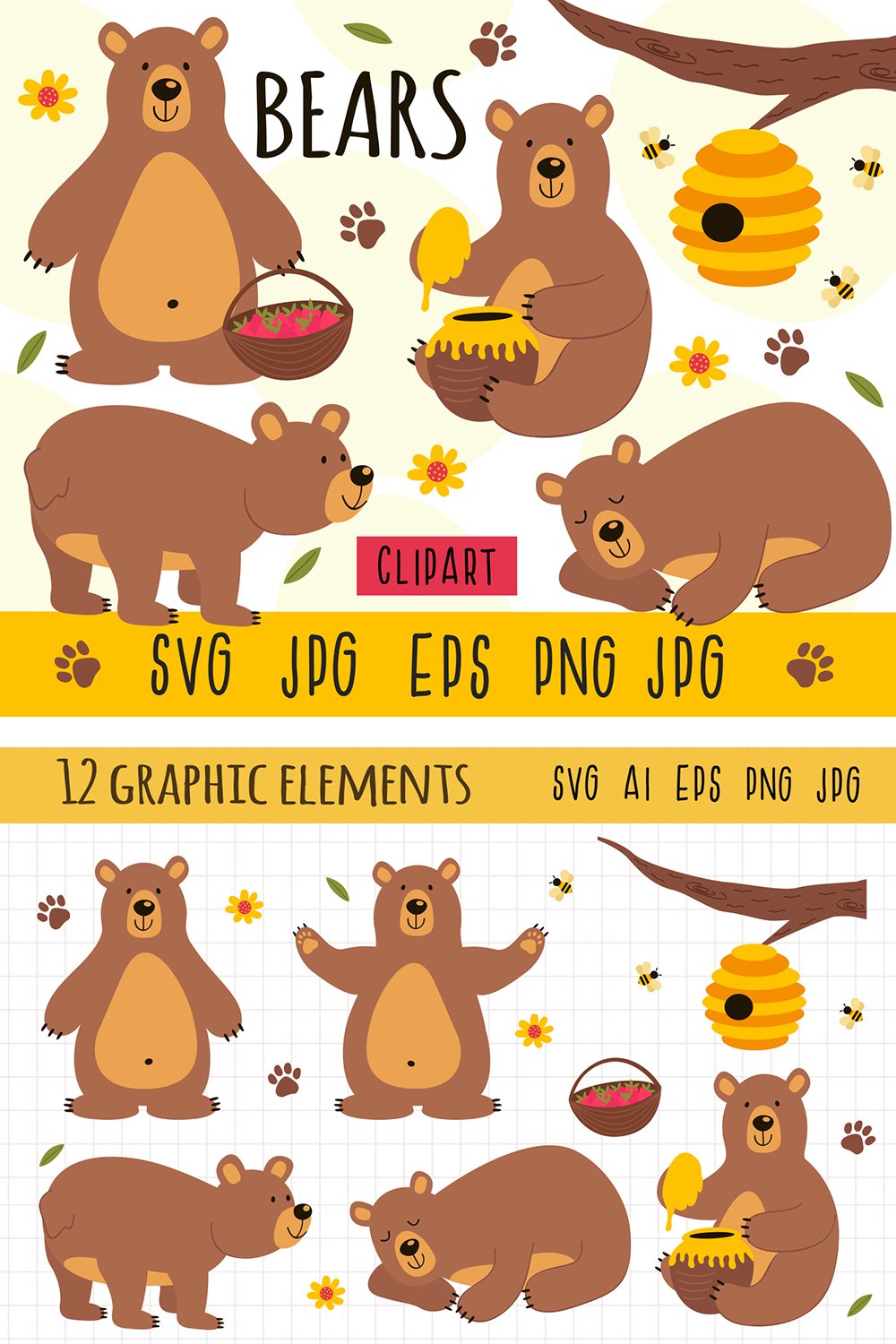 Teddy bear clipart, Honey bear clipart,Bee and bear svg