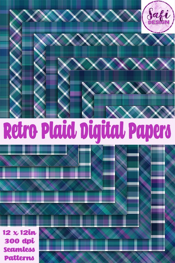 Digital Papers - Teal and Purple Retro Plaid