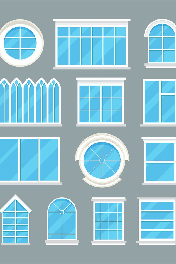 Glass home windows types vector flat icons