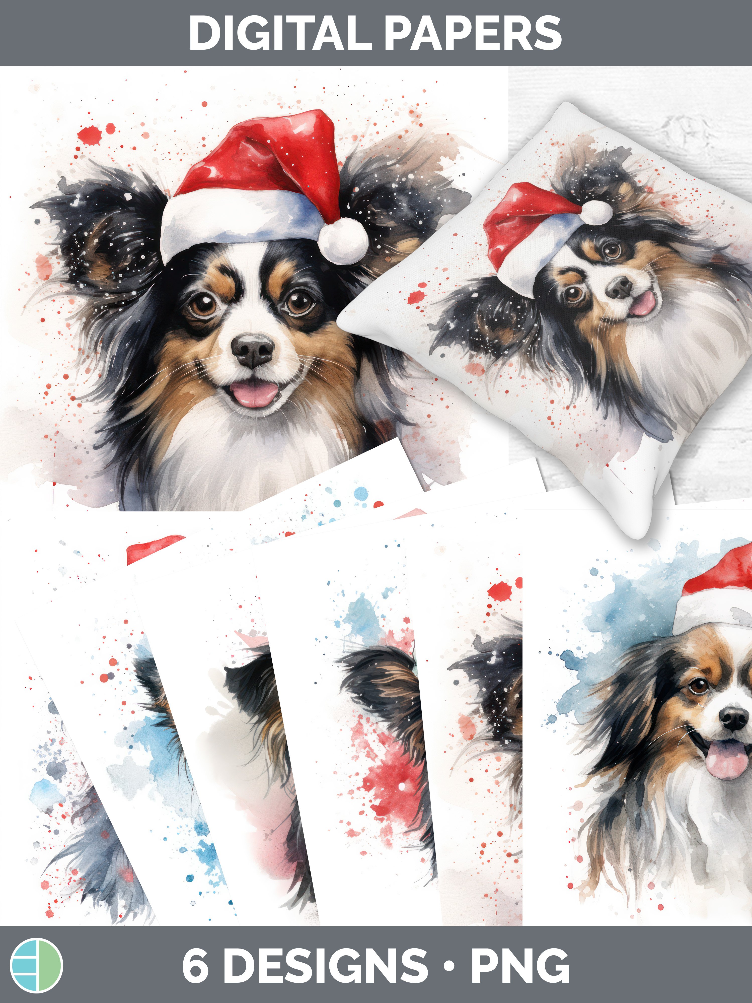 Christmas Santa Hat Papillon Dog Paper Backgrounds | Digital