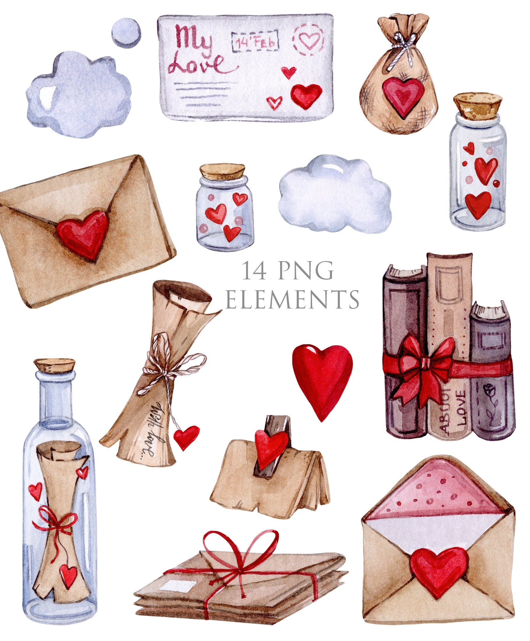 Watercolor Valentine Day Love Letter Clipart PNG (565295)