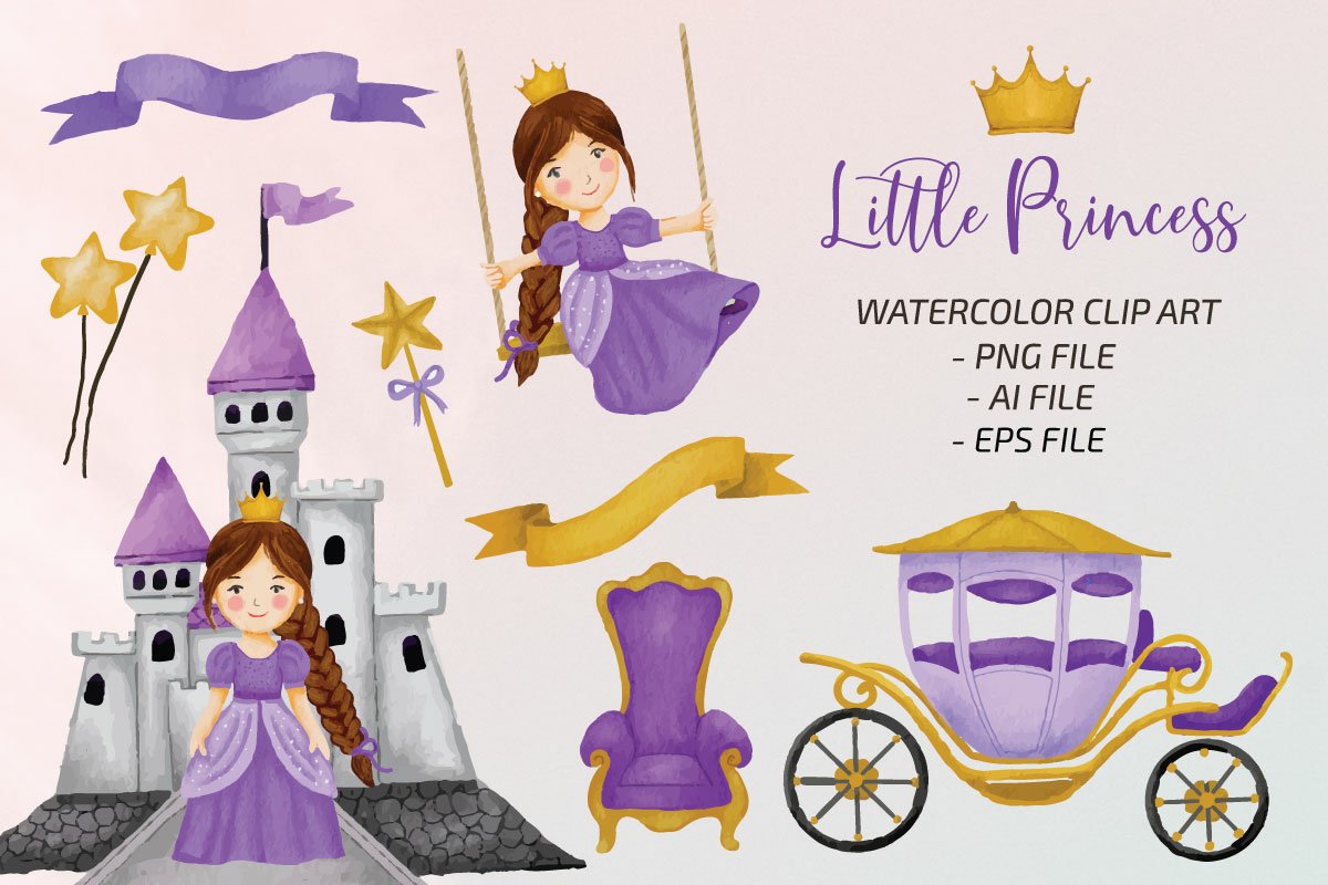 Little Princess Watercolor Clipart Set purple PNG