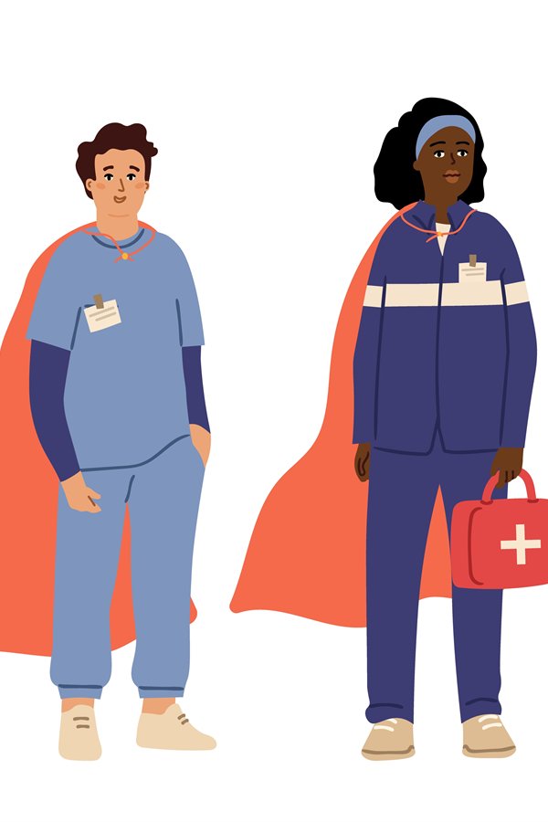 Medical heroes team. Superhero doctors, emergency worker and