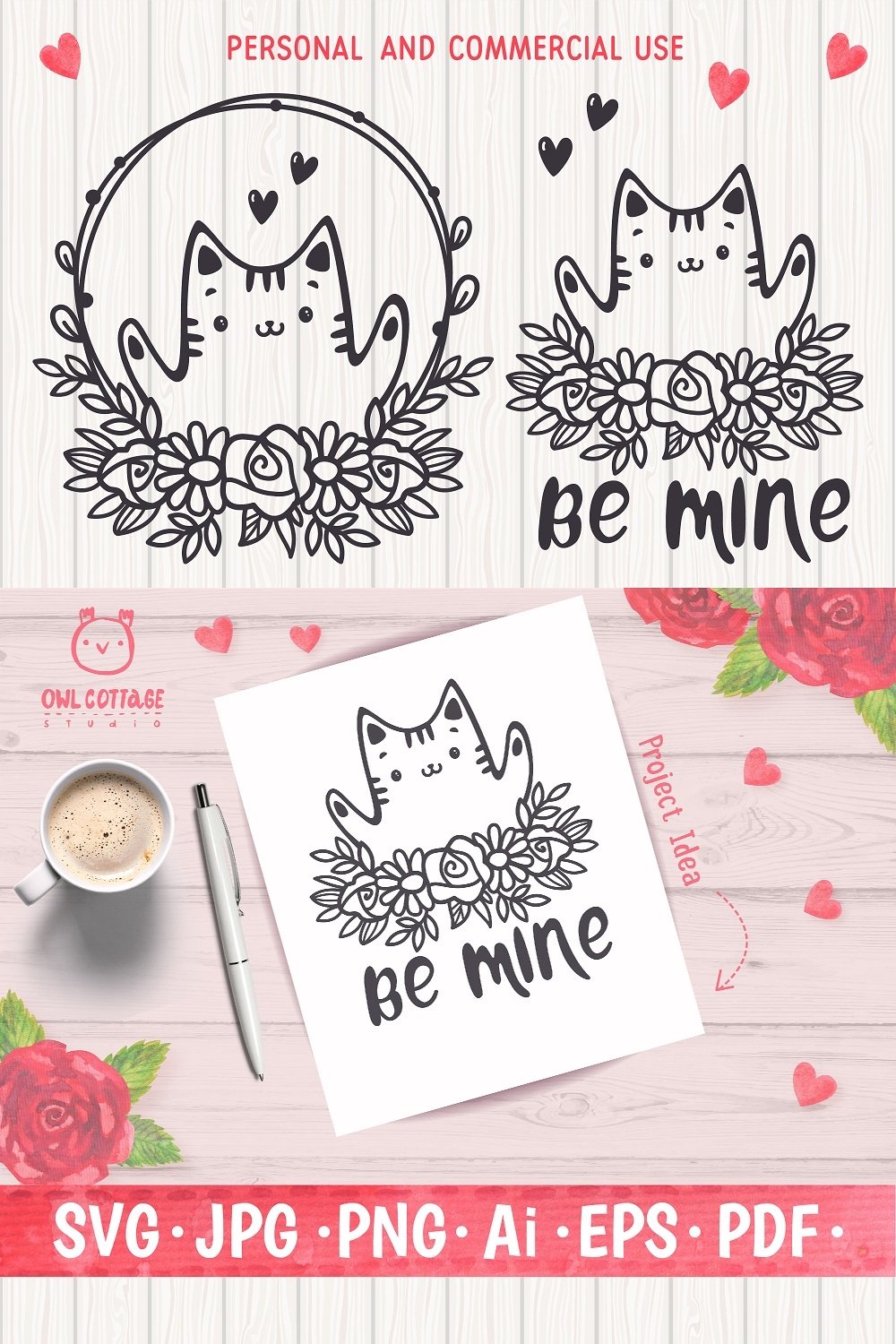 Valentine Cat svg , Kitten with floral decor Svg, (423486)