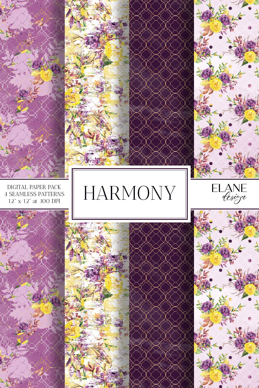 Purple Yellow Floral Digital Paper, Flowers (3950268)