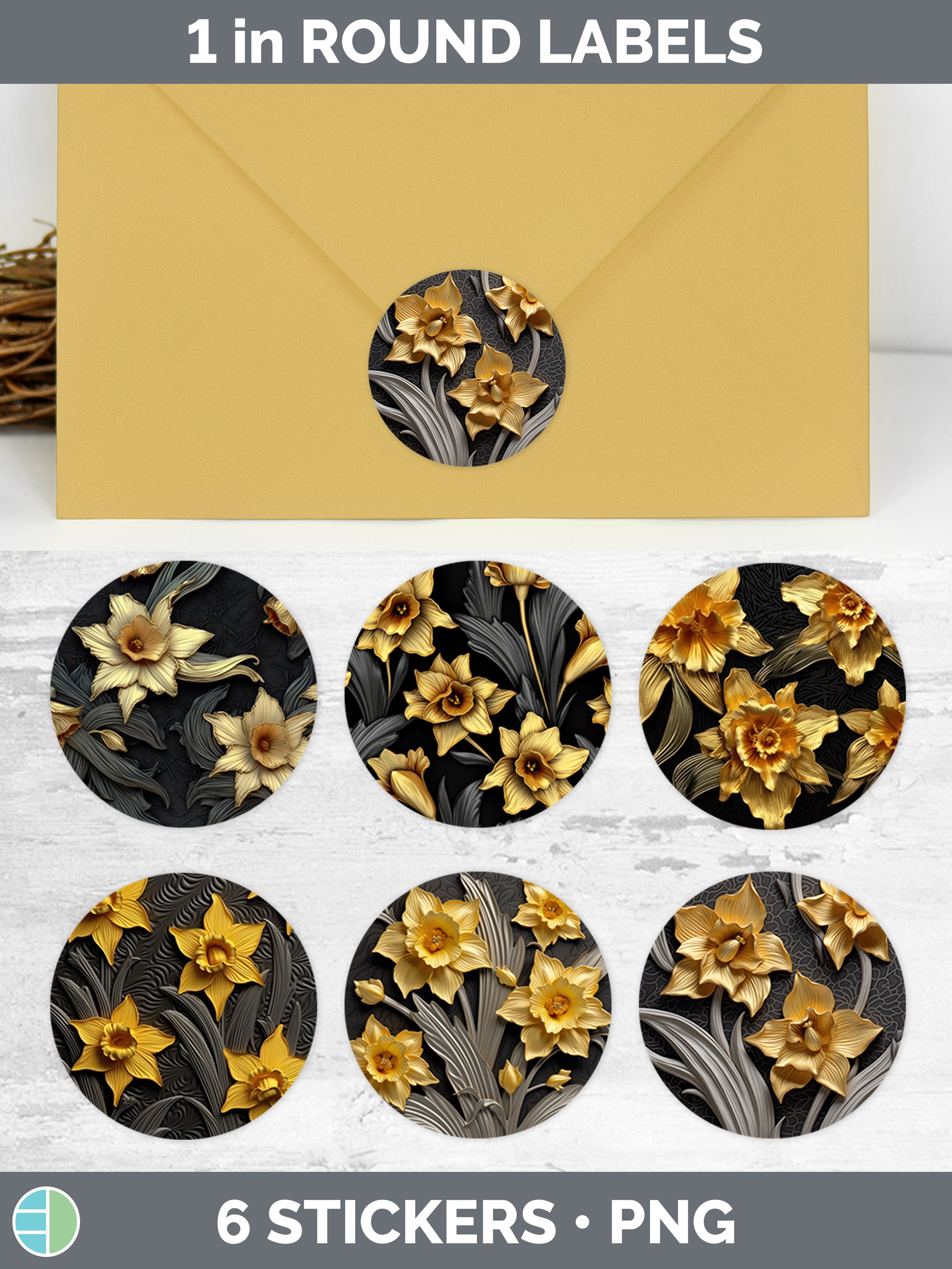 3D Gold Daffodil Flowers Stickers | Round Labels Designs Bun