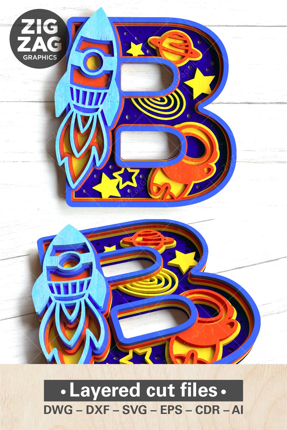 layered kids letter B with space rocket astronaut and stars