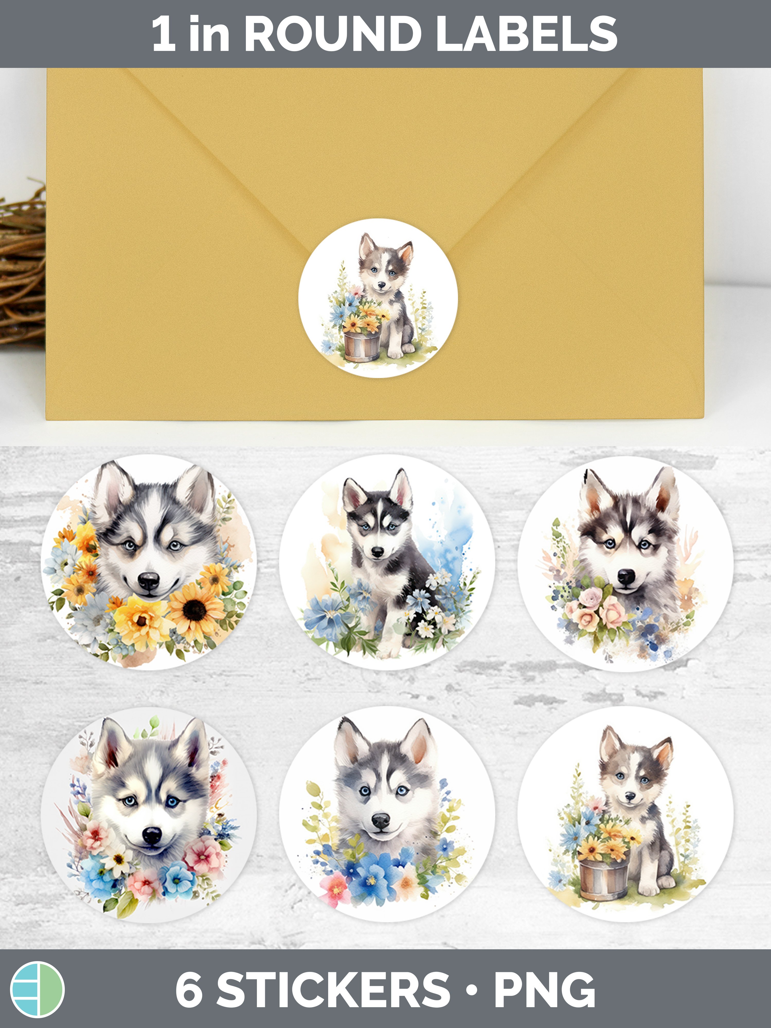 Watercolor Husky Dog Stickers | Round Labels Designs Bundle