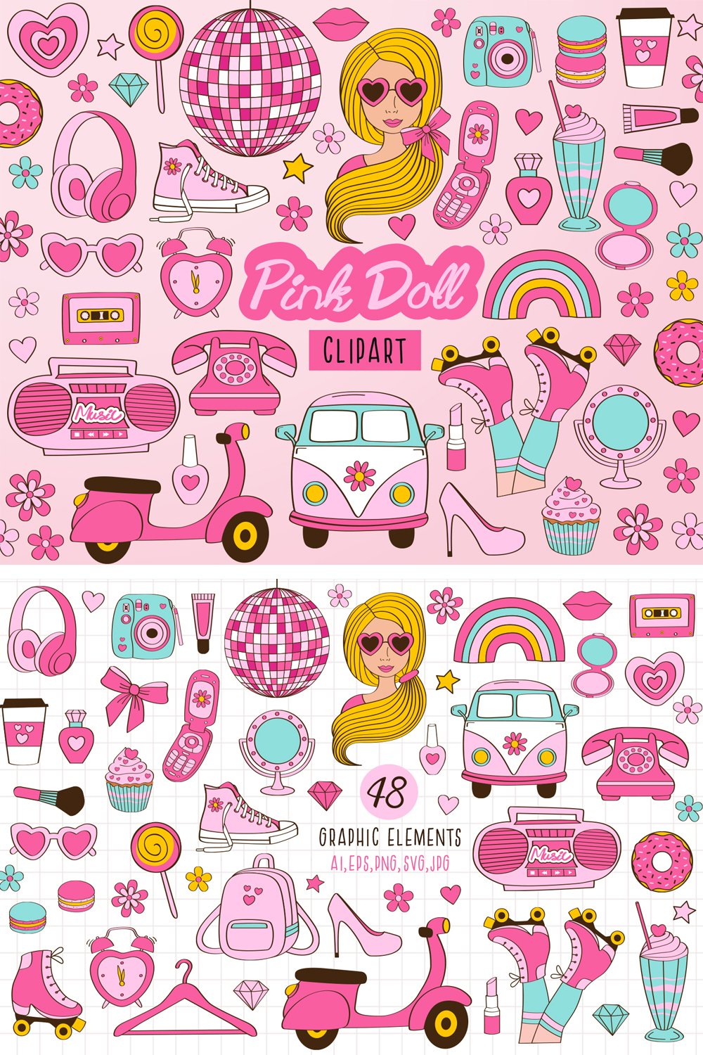 Pink Girls Clipart, Retro Pink Clipart, Pink Background